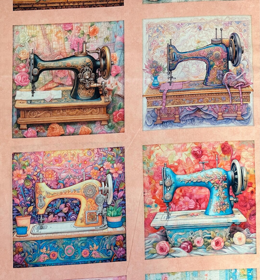 NEW! Panel - in Stitches Vintage Sewing Machine Blocks Patches on Pink ...