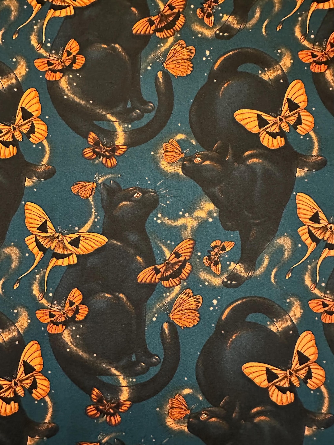 Half Yard - Mystic Moonlight Moth Cat on Dark Turquoise by Freespirit ...