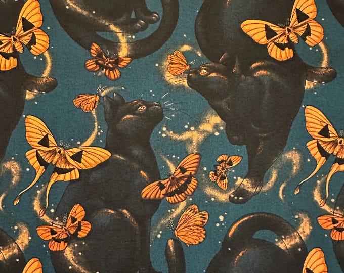 Half Yard - Mystic Moonlight Moth Cat on Dark Turquoise by Freespirit ...