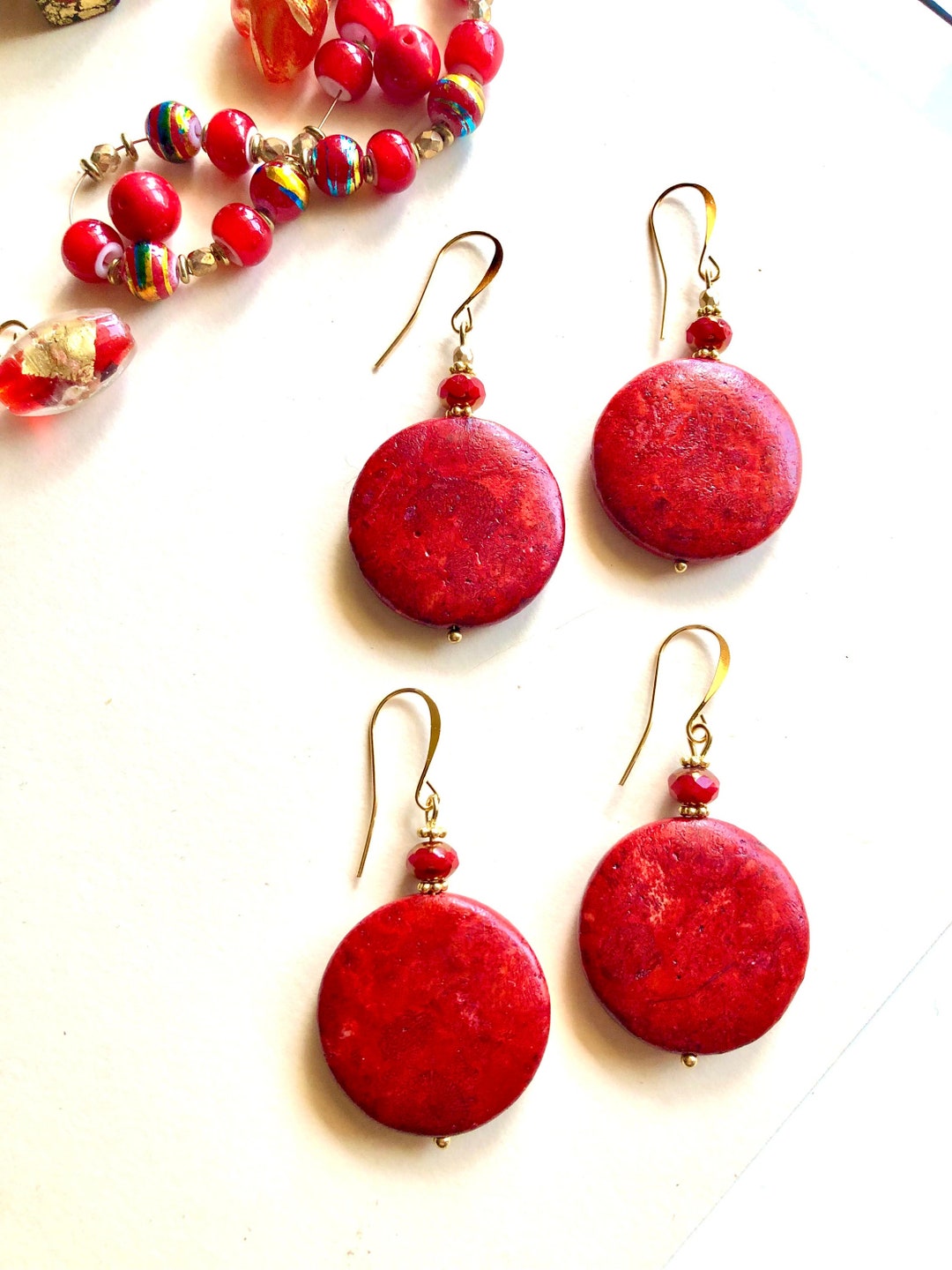 Deep Red Coral Earrings and Czech Beads - Etsy