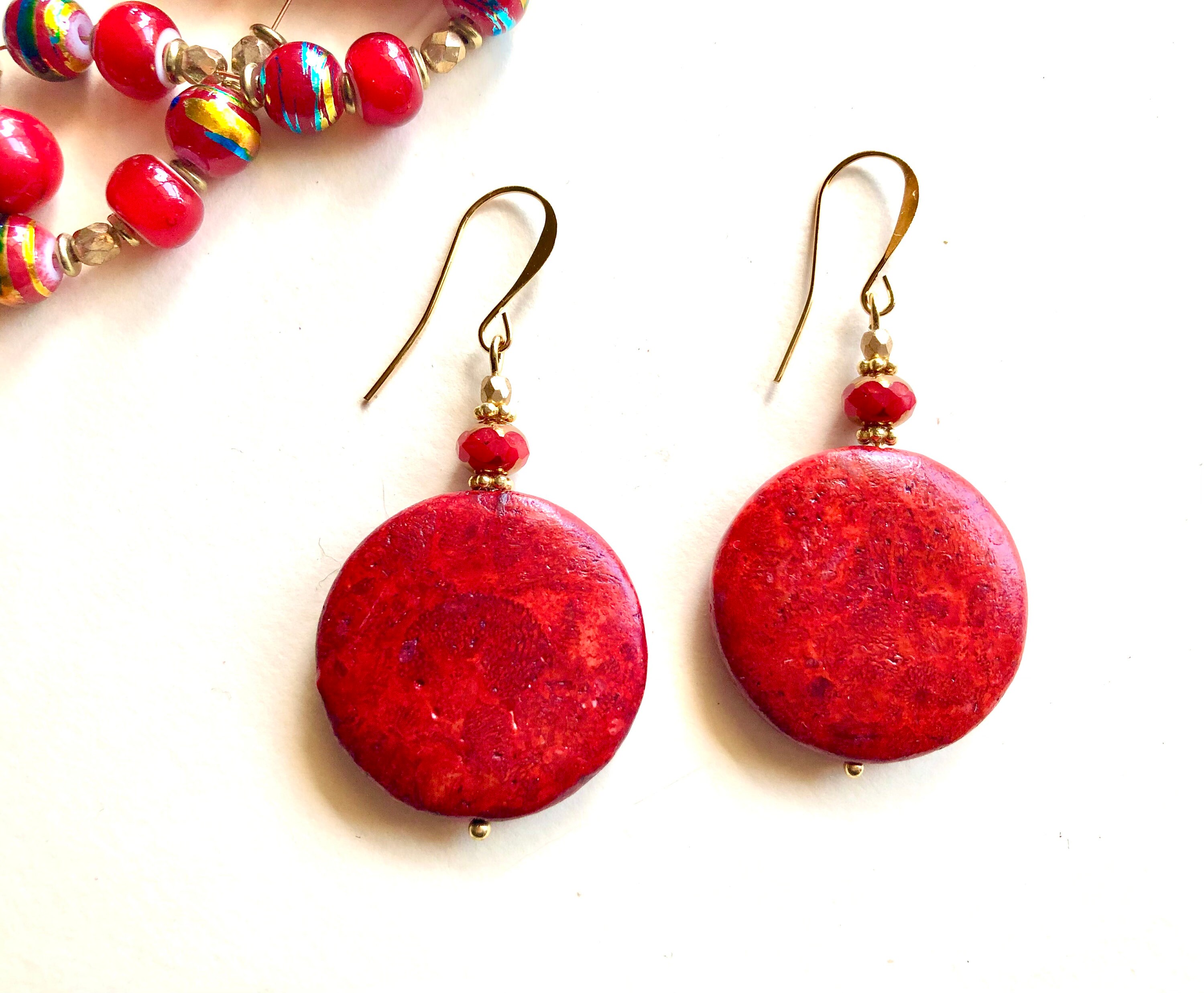 Deep Red Coral Earrings and Czech Beads - Etsy