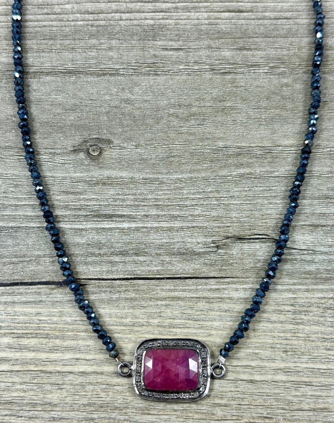 Fancy Rose Cut Ruby Square and Oxidized Sterling Silver Pave Diamond ...