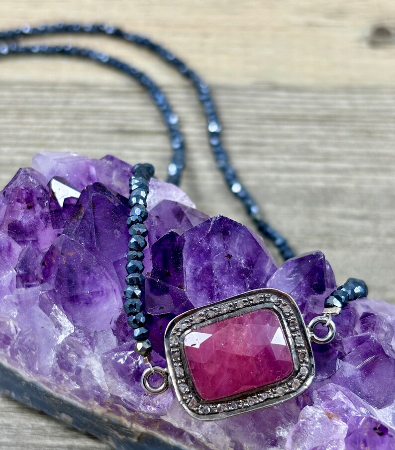 Fancy Rose Cut Ruby Square and Oxidized Sterling Silver Pave Diamond ...