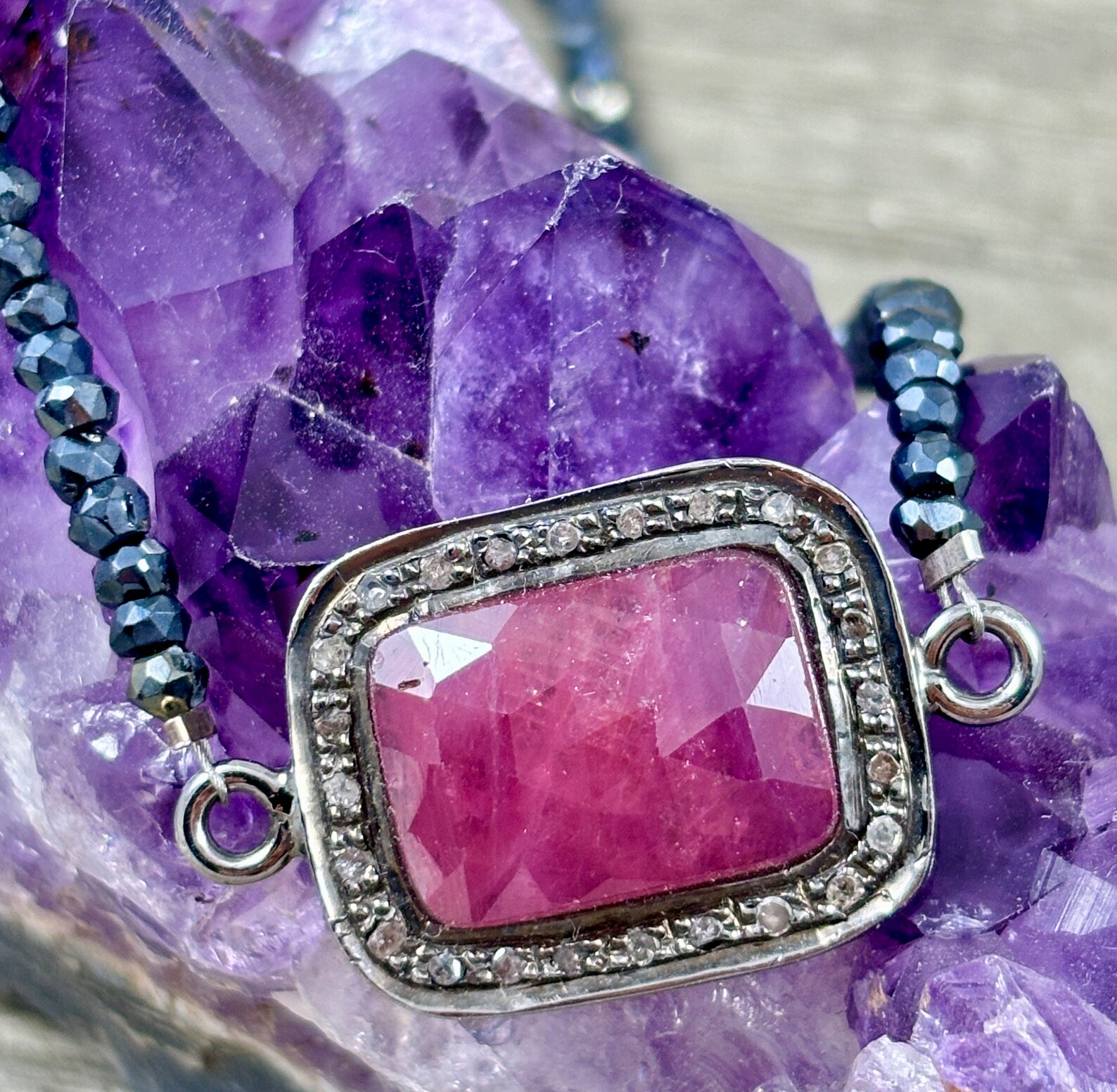 Fancy Rose Cut Ruby Square and Oxidized Sterling Silver Pave Diamond ...