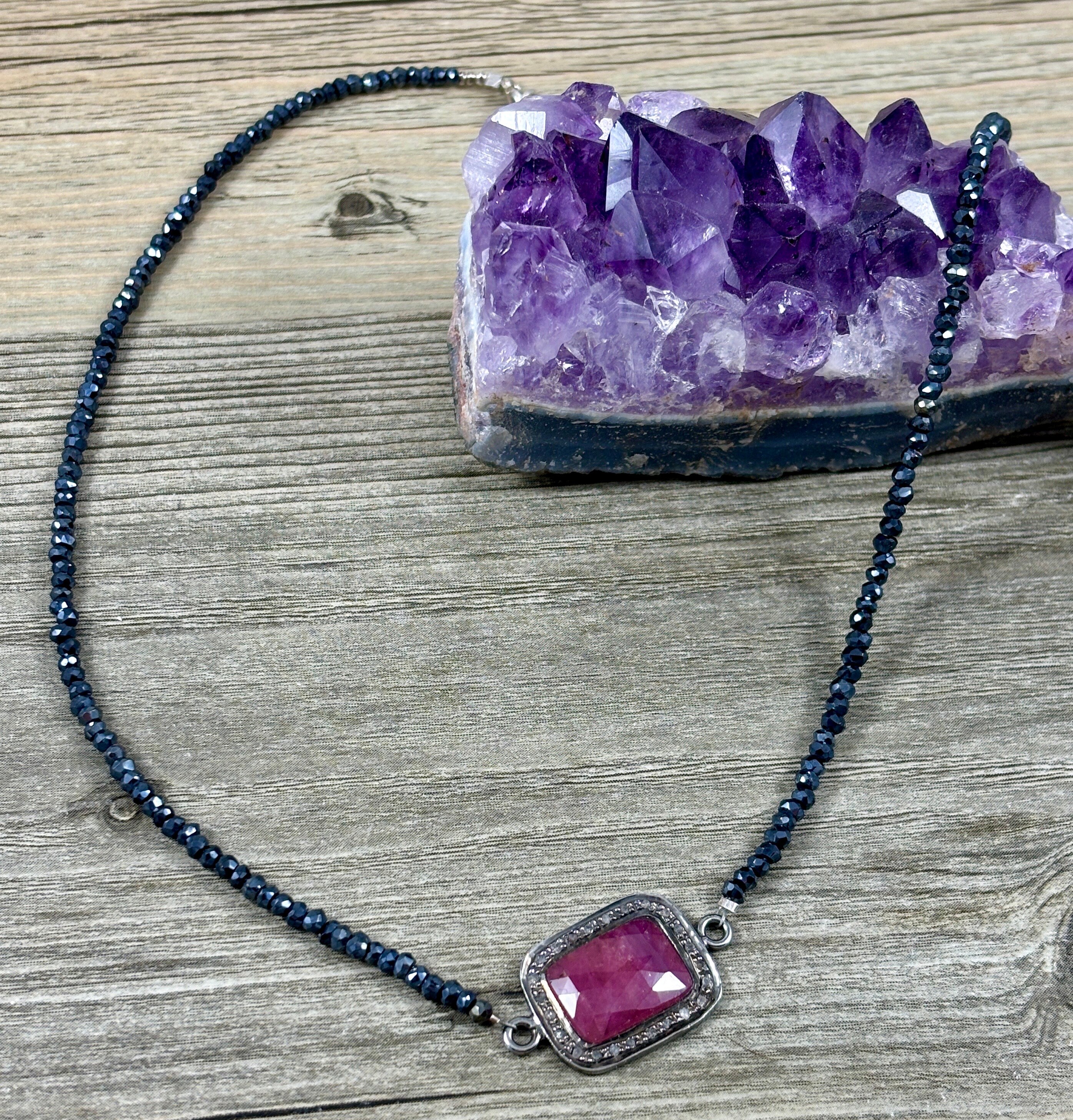 Fancy Rose Cut Ruby Square and Oxidized Sterling Silver Pave Diamond ...