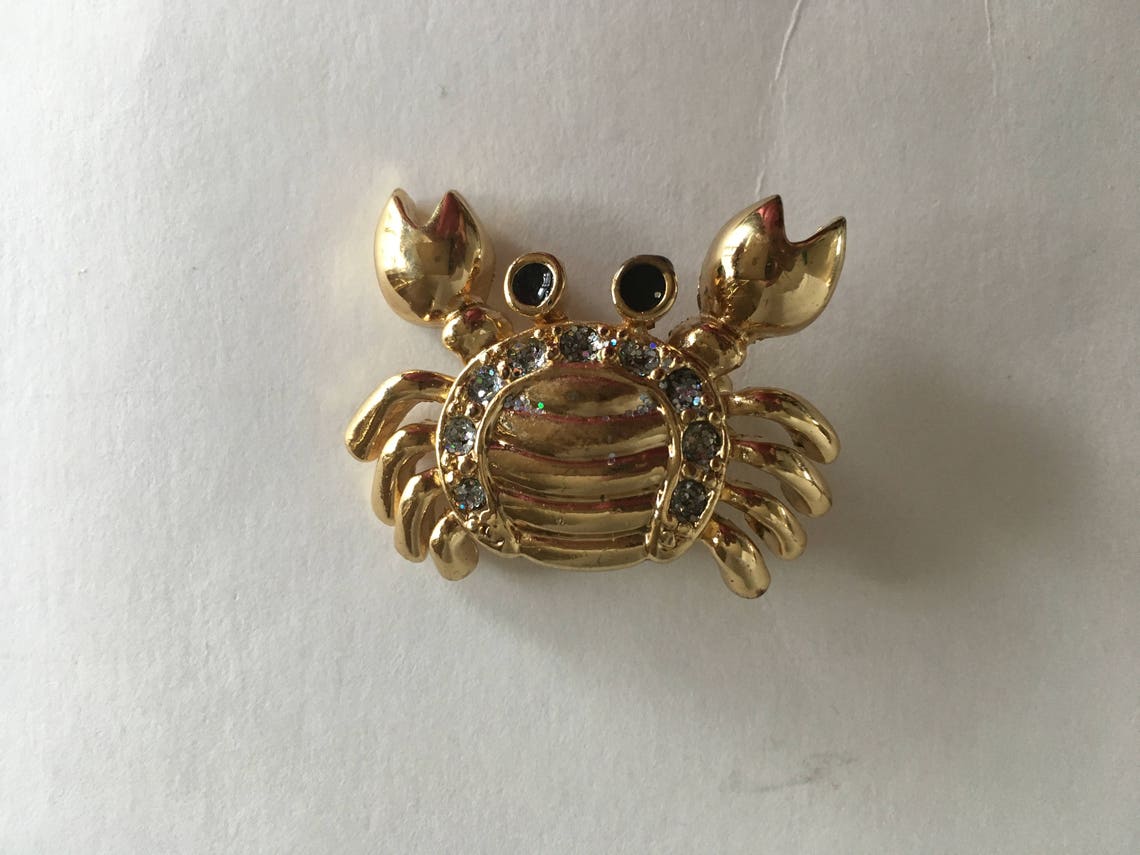 Vintage Gold Tone and Rhinestone Crab Brooch Wit Black Enamel - Etsy