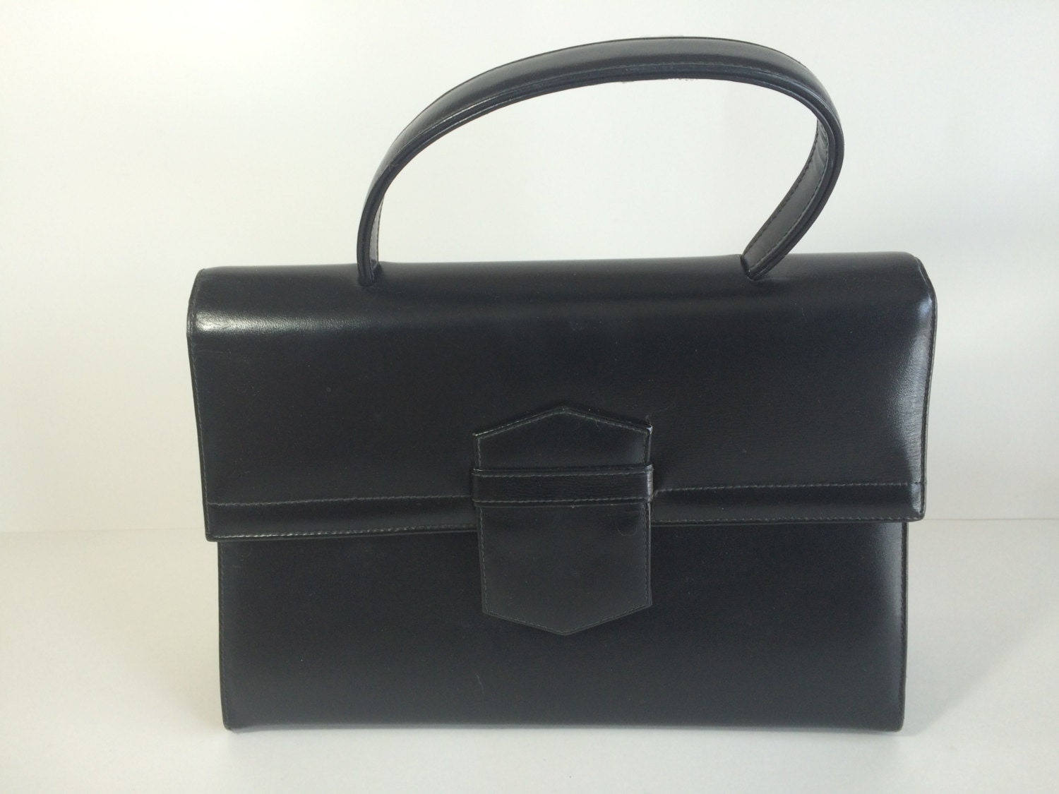 Elegant 50s Art Deco Kelly Style Handbag in Black Leather by - Etsy