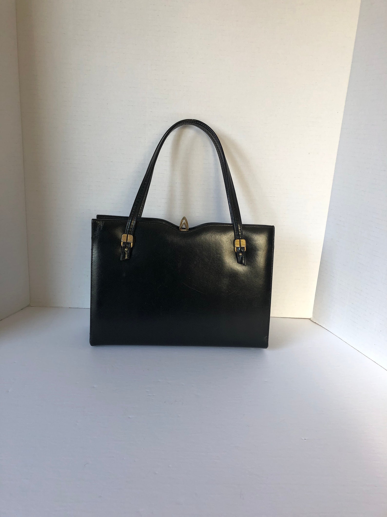 Elegant Vintage 1950s Art Deco Kelly Handbag in Black Leather | Etsy