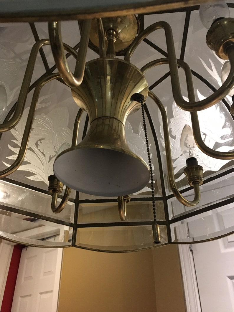 Vintage 1980s Brass Light Fixture/chandelier With Curved Beveled Glass ...