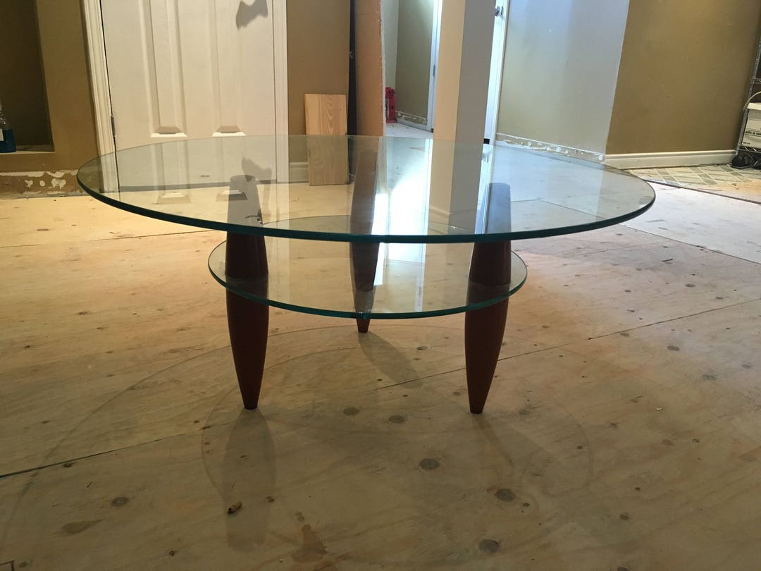 MCM Walnut Base 2 Tier Glass Top Modern Round Low Coffee Table Tapered ...