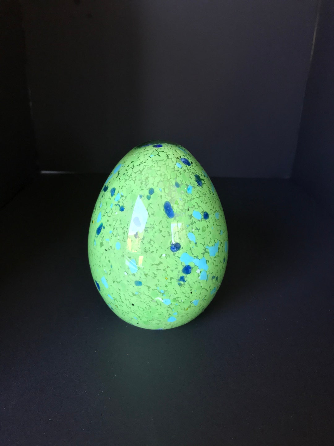 Spectacular Vintage Art Glass Egg Shape Paperweight Large Door Stop Green And Blue Color Pattern