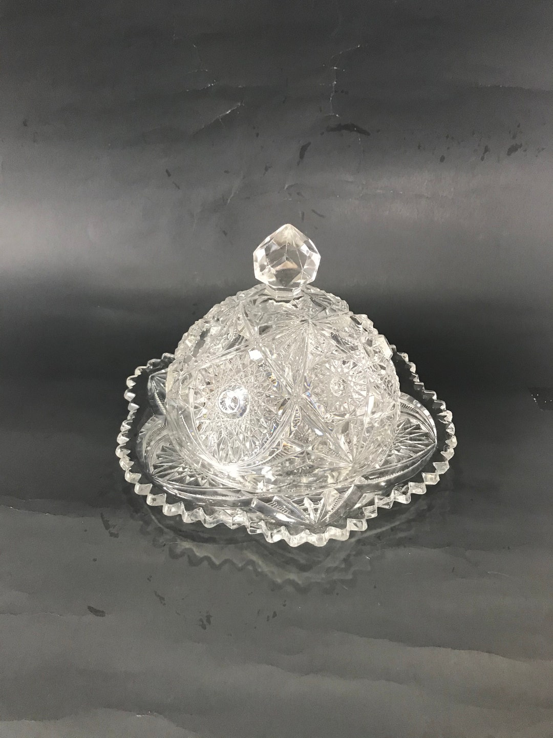 Antique Mckee Prescut Toltec Clear Pattern EAPG Cut Glass Domed Butter ...