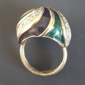 Vintage D’orlan Gold Tone Art Deco Enamel Rhinestone Dome Cocktail Ring ...