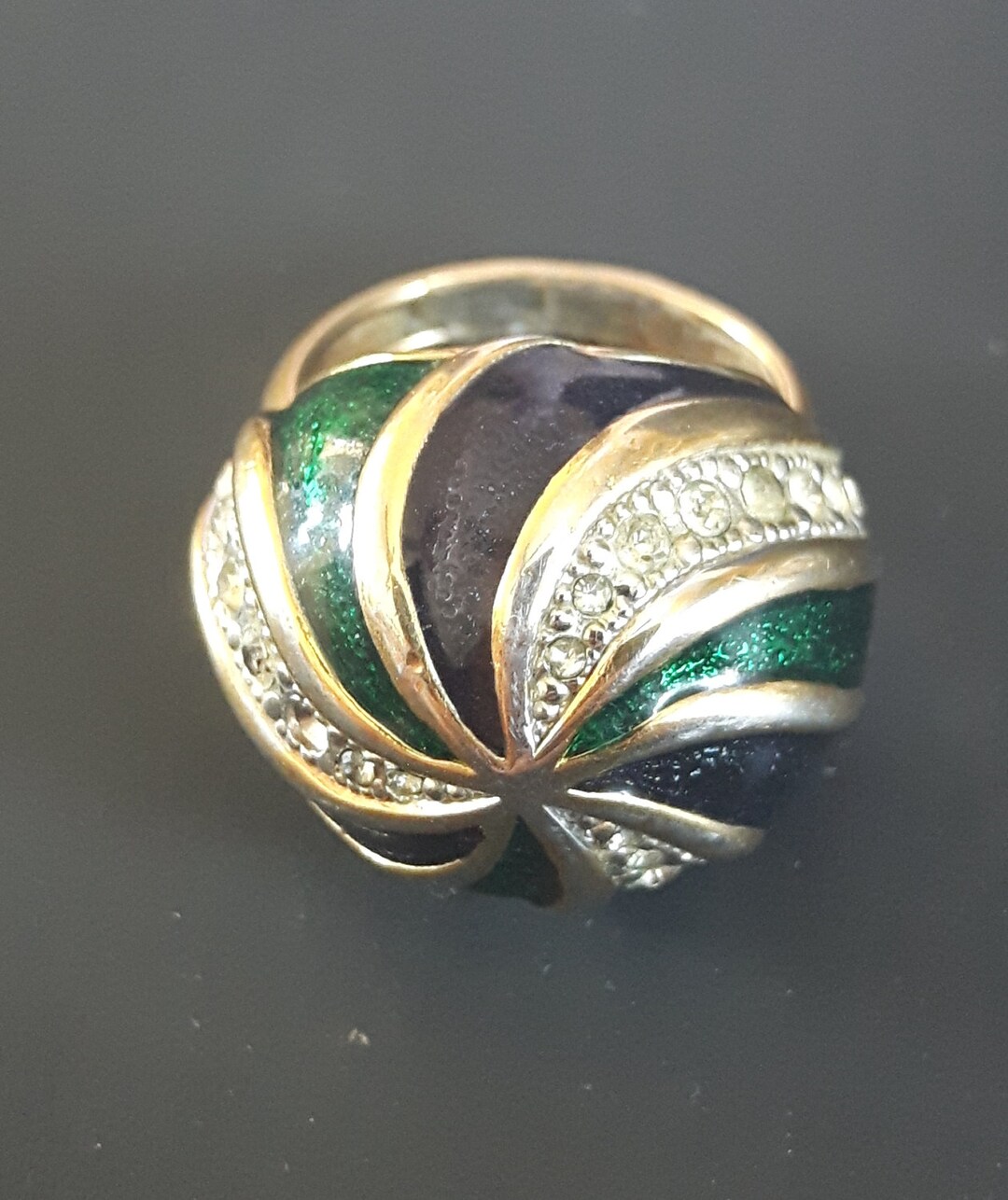 Vintage D’orlan Gold Tone Art Deco Enamel Rhinestone Dome Cocktail Ring ...