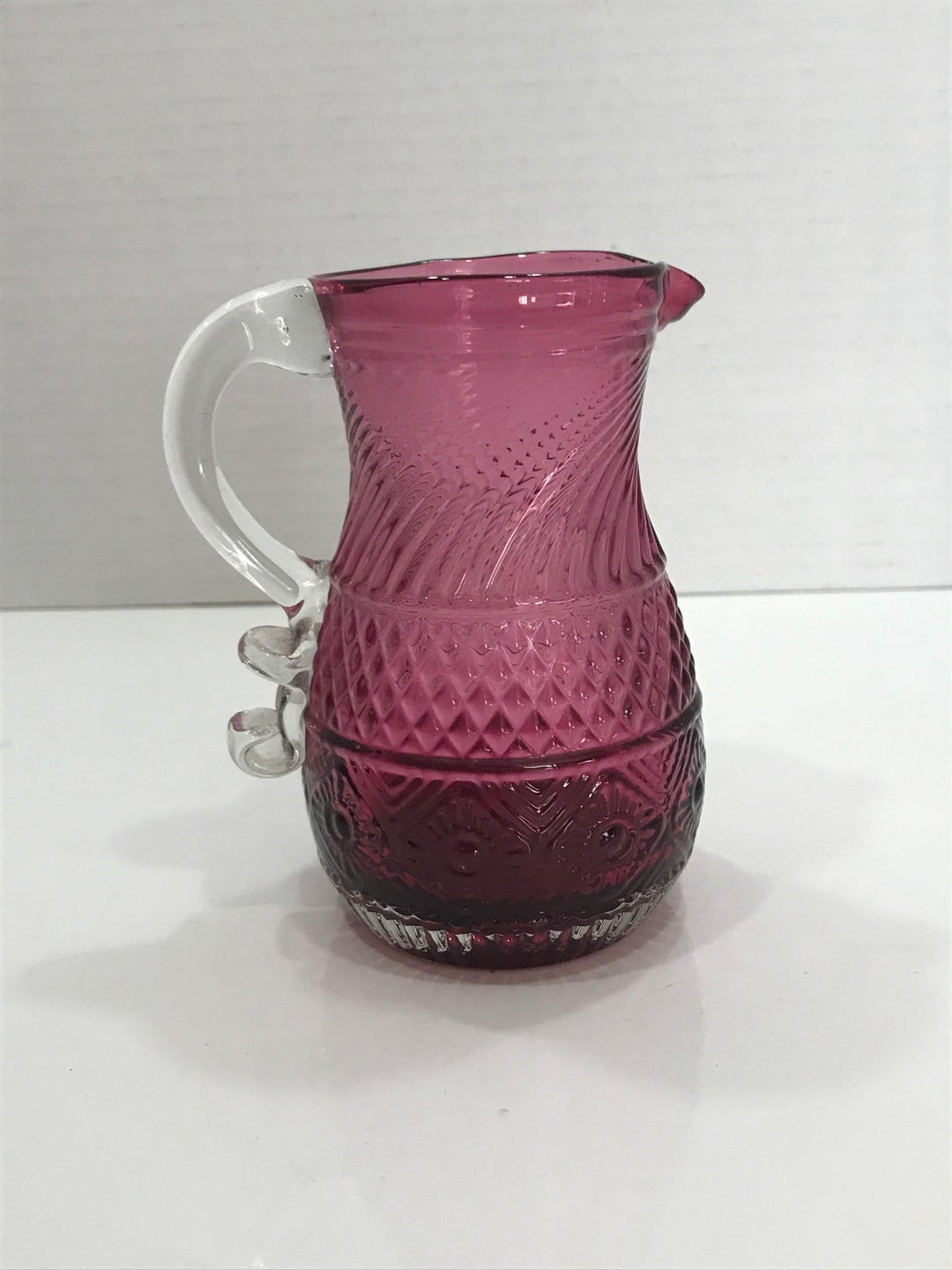 8 Oz Pink Glass Pitcher, Milk Pitcher Waffle, Swirl and Vertical Cut ...