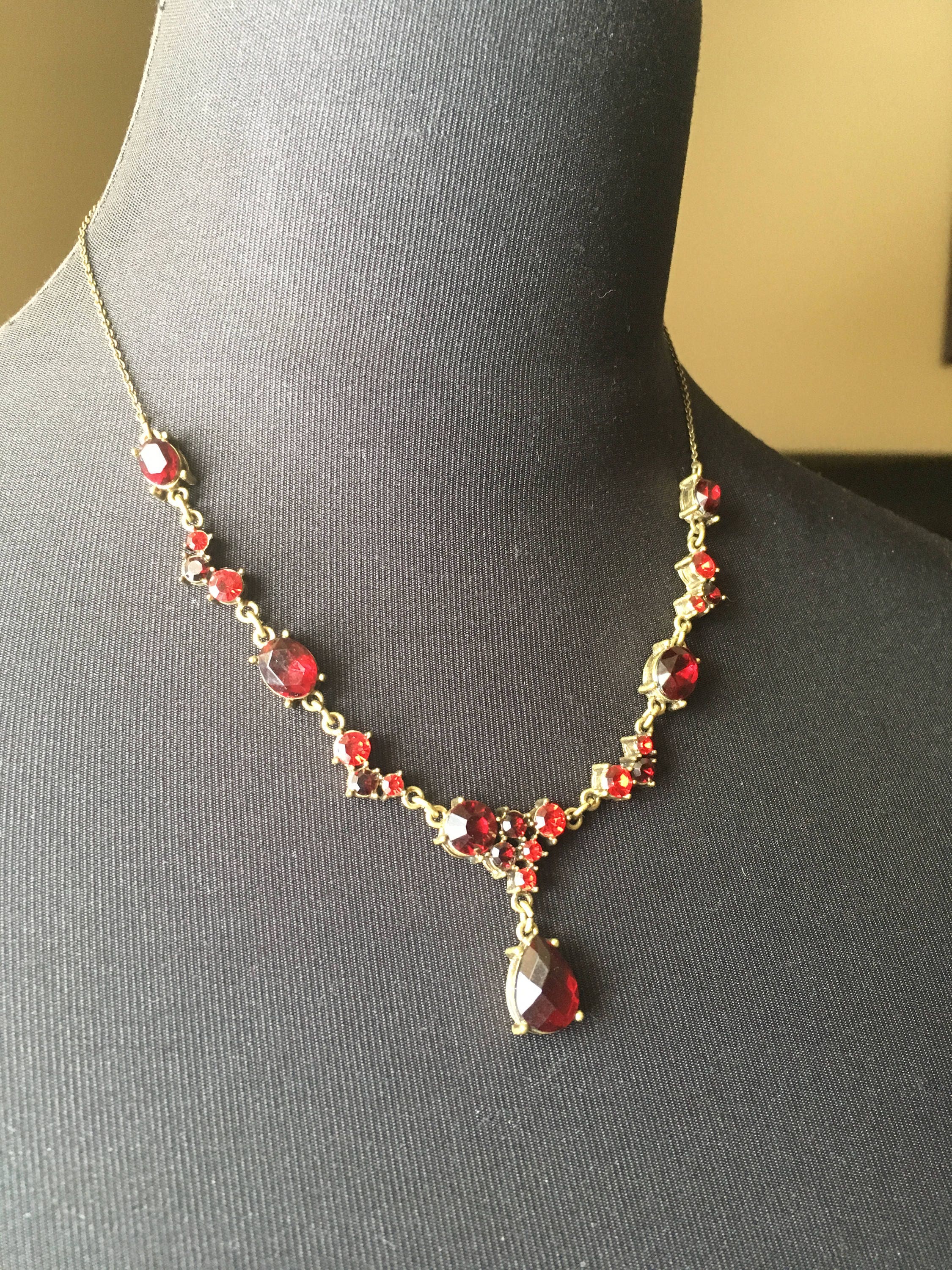 Ruby Red Crystal Necklace, Signed Avon, Vintage Rhinestone Costume ...