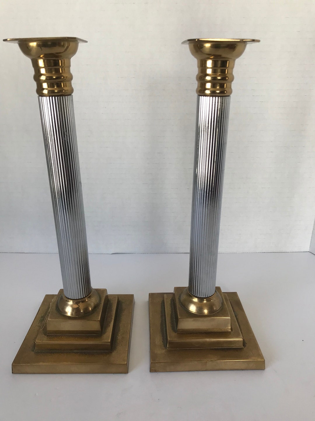 Pair of Brass and Silver Column Candlestick Holders, Ribbed Candlestick ...