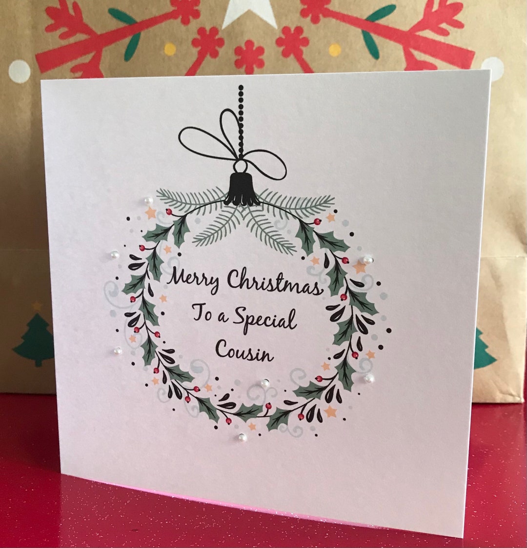 Cousin Christmas Card - Bauble With Pearl Gems - Etsy