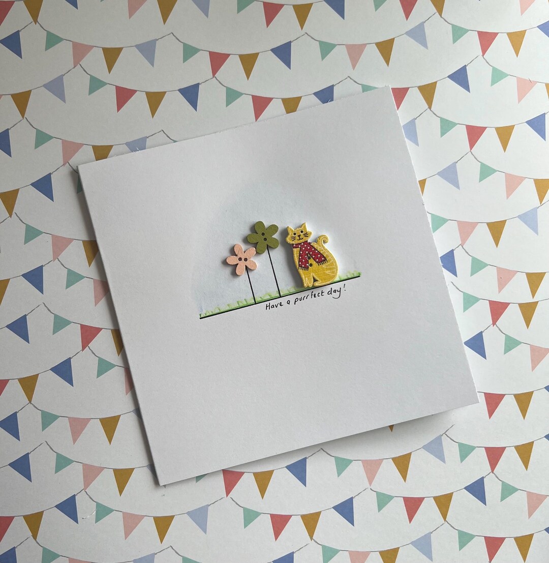 Handmade Cat Birthday Card: Wooden Cats & Flowers - Etsy