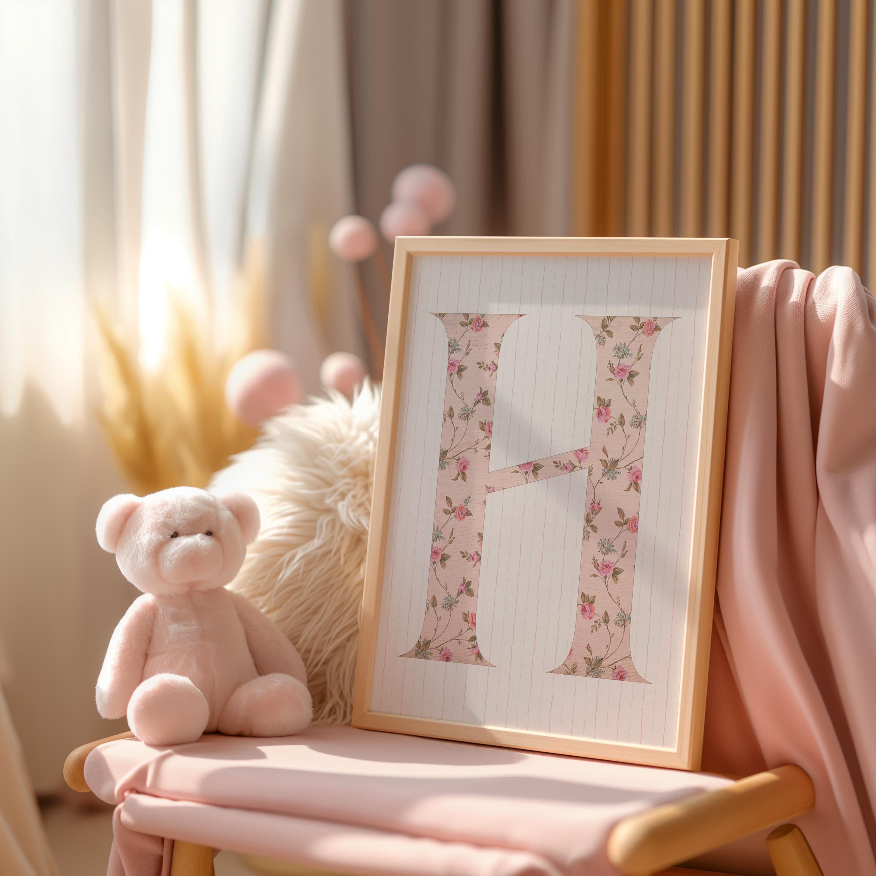 Pink Floral Initial Print: Vintage Nursery Decor (digital Download) - Etsy
