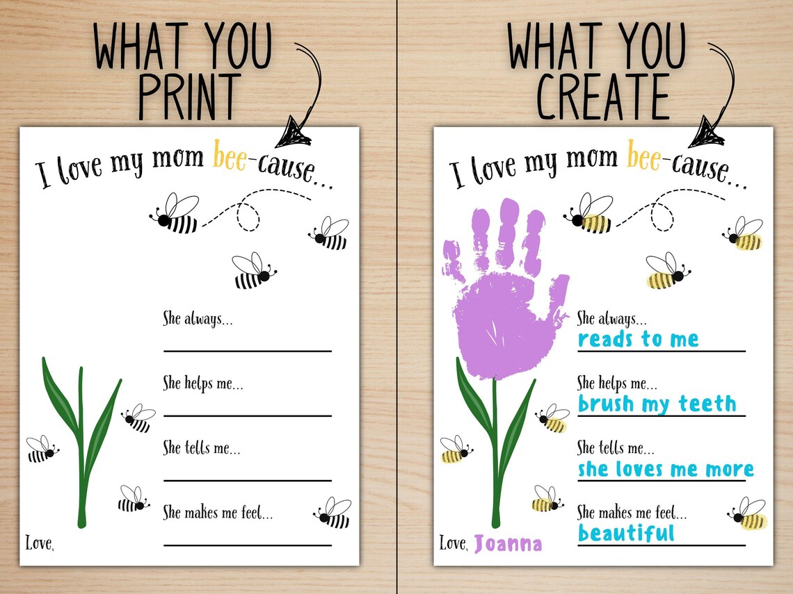 Mother's Day Handprint Fingerprint Printable | I Love My Mom Bee-cause ...