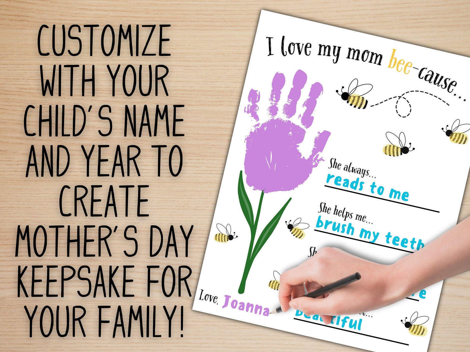 Mother's Day Handprint Fingerprint Printable | I Love My Mom Bee-cause ...