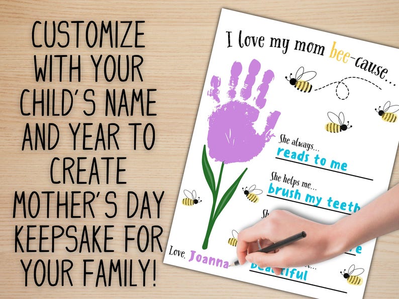 Mother's Day Handprint Fingerprint Printable | I Love My Mom Bee-cause ...