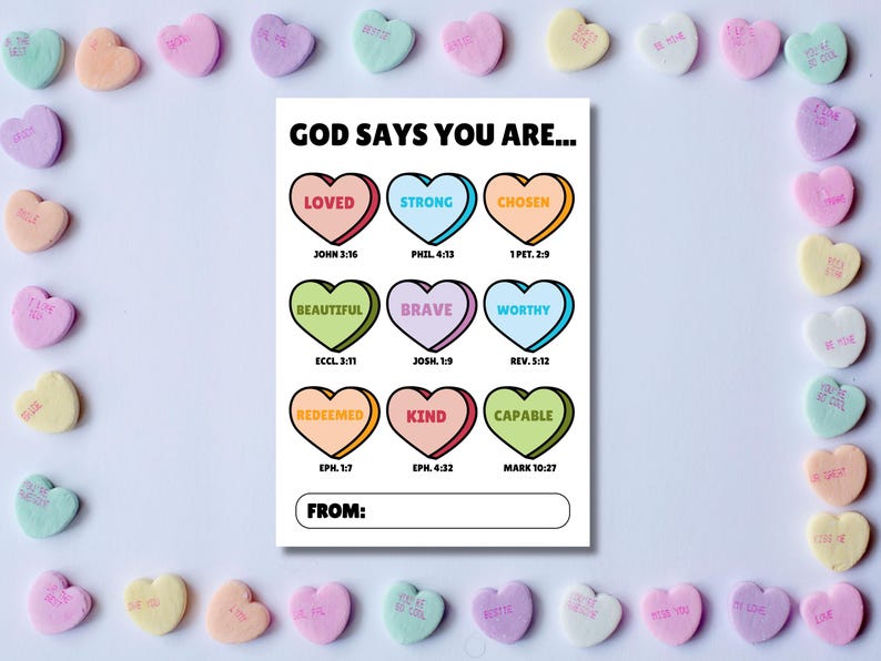 Scripture Candy Hearts Valentine Cards: God Says You Are (printable ...