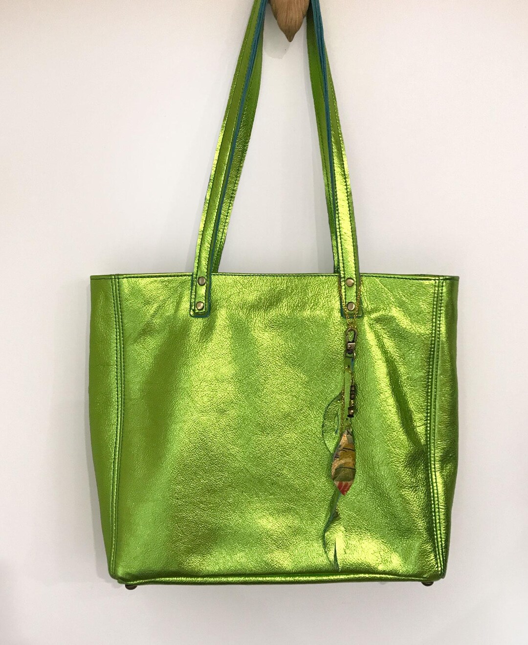 Lime Green Leather Tote, Citrus Leather Zipper Pocket & Purse, 2 Sizes ...