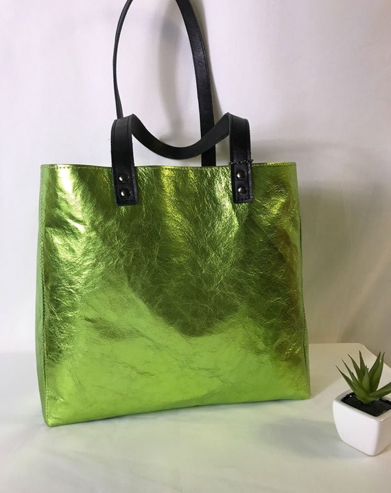 Lime Green Leather Tote leather zipper pocket & purse 2 | Etsy