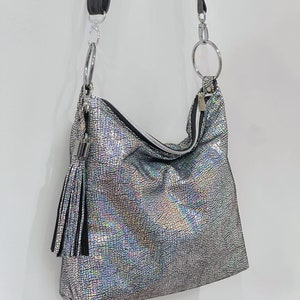 Holographic Silver Iridescent Crossbody Bag, Lining Options, Zipper ...