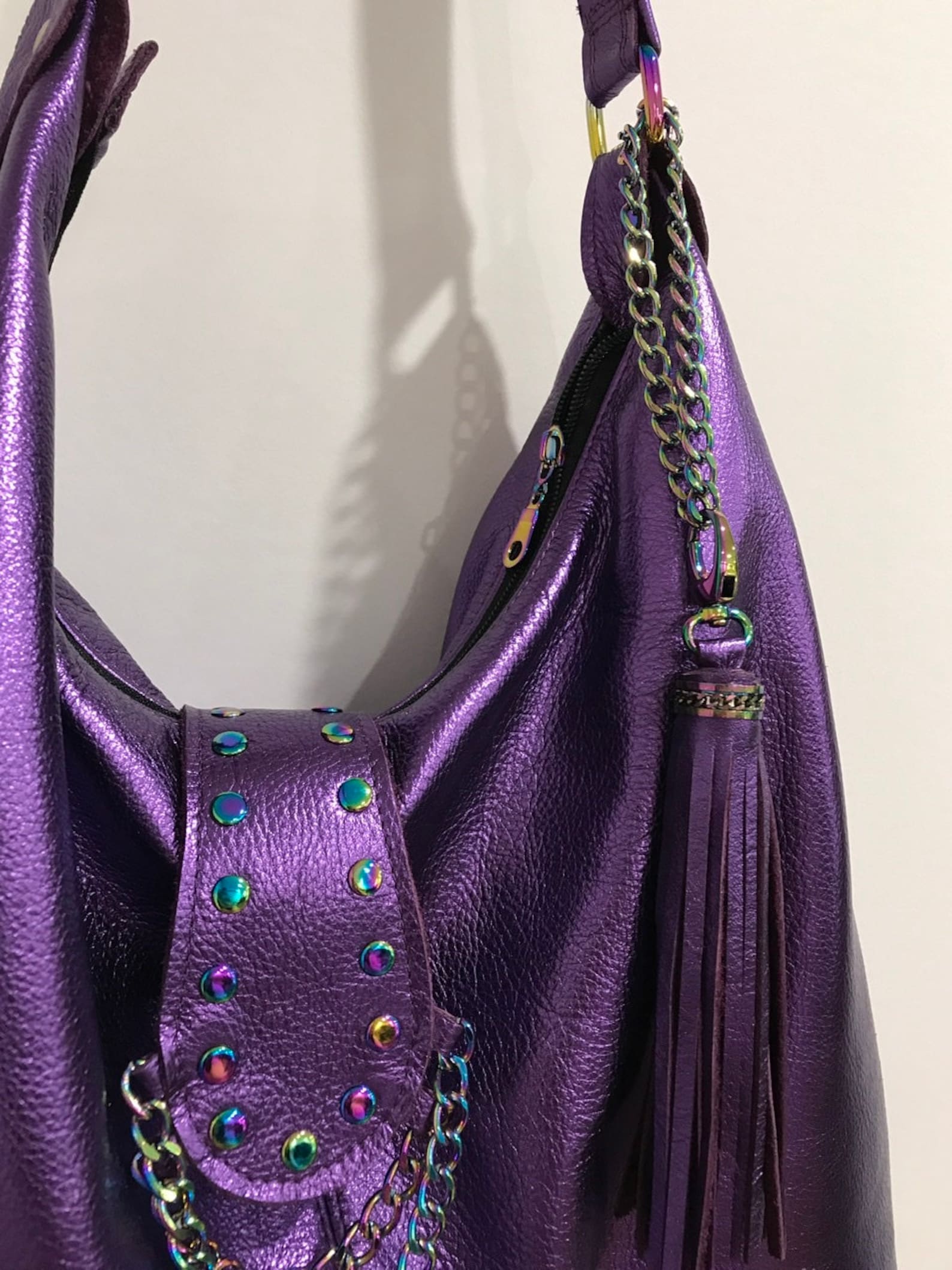 Rainbow Hardware Metallic Purple Italian Hobo 2 Sizes | Etsy