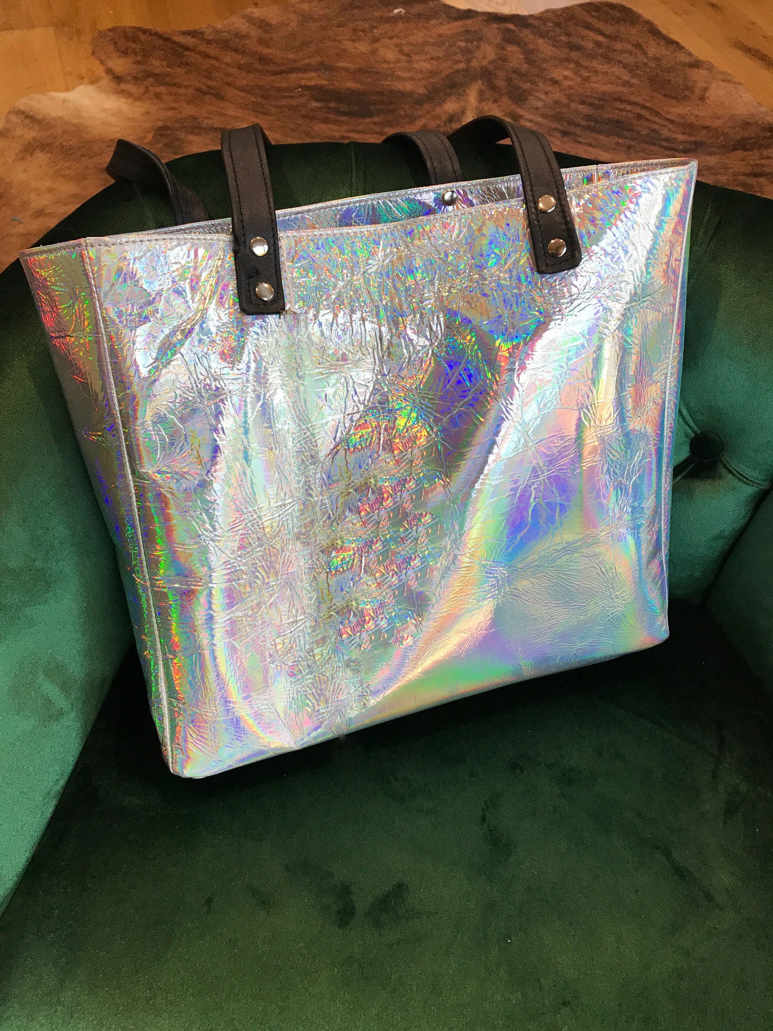 Holographic Leather Tote Holo silver leather leather zipper | Etsy