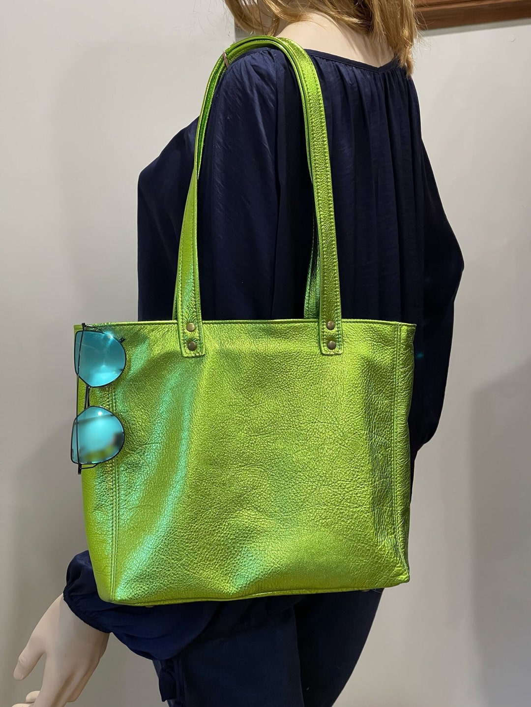 Lime Green Leather Tote Leather Zipper Pocket & Purse 2 - Etsy Australia