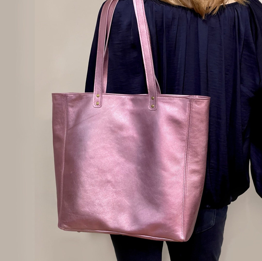 Rose Pink Metallic Leather Tote, Soft Vintaged Pink Metallic Tote ...