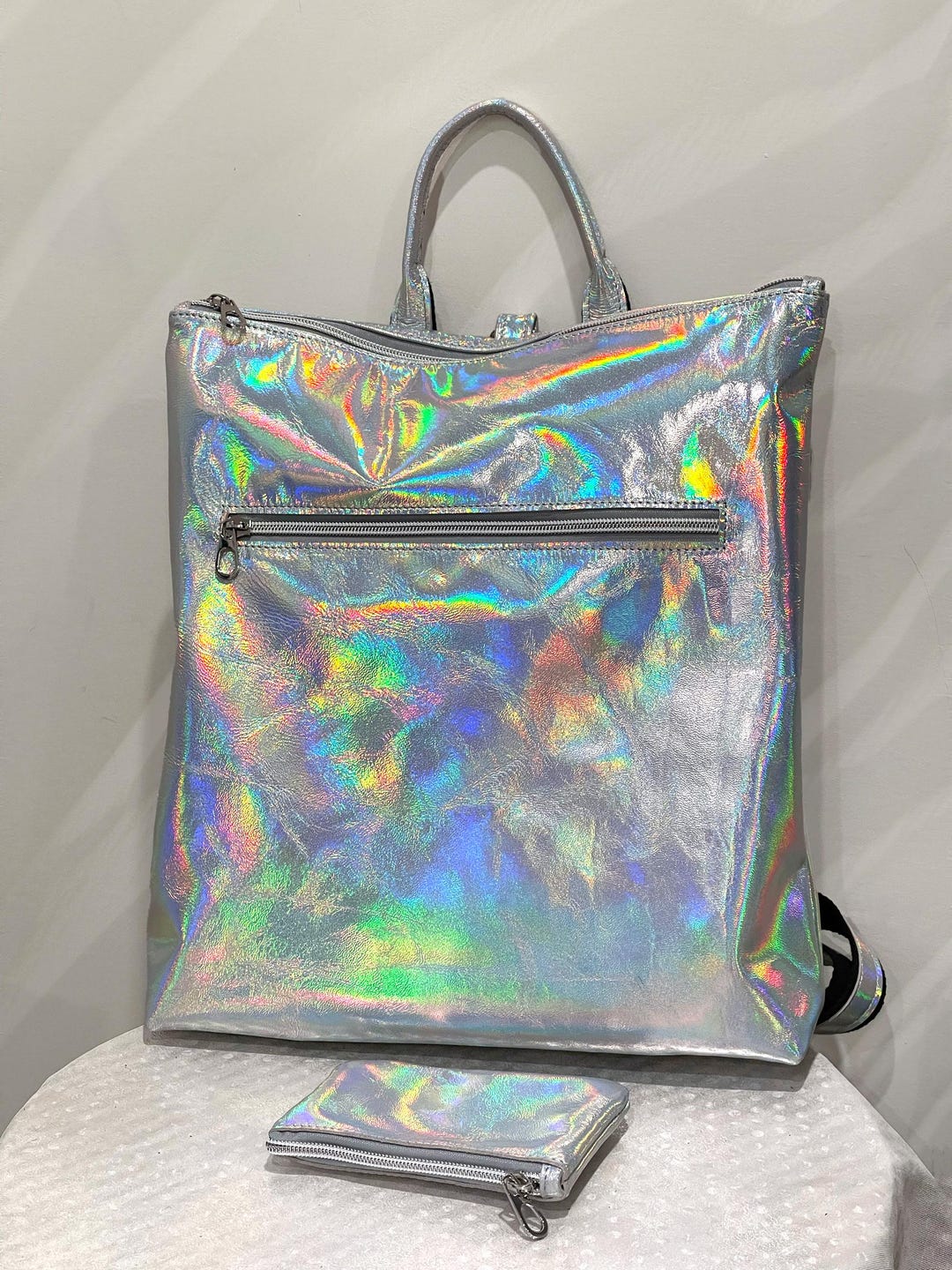 Holographic Leather Backpack and Tote, Iridescent Soft Smooth Leather ...