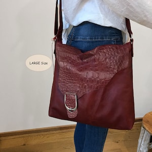 Red Croco Leather Bag, Italian Croco Embossed Bag, Deep Red Bag, 3 ...