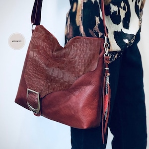 Red Croco Leather Bag, Italian Croco Embossed Bag, Deep Red Bag, 3 ...