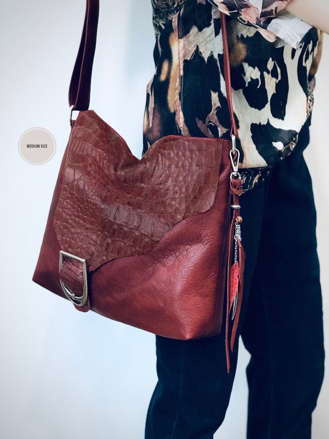 Red Croco Embossed Leather Bag With Asymmetric Flap and Buckle ...