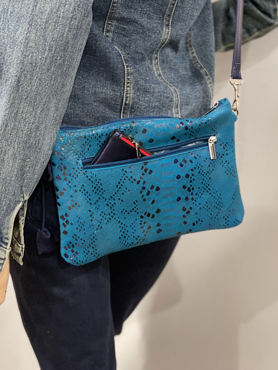 Teal Snake Leather Crossbody Bag, Soft Pattern Leather, Detachable ...