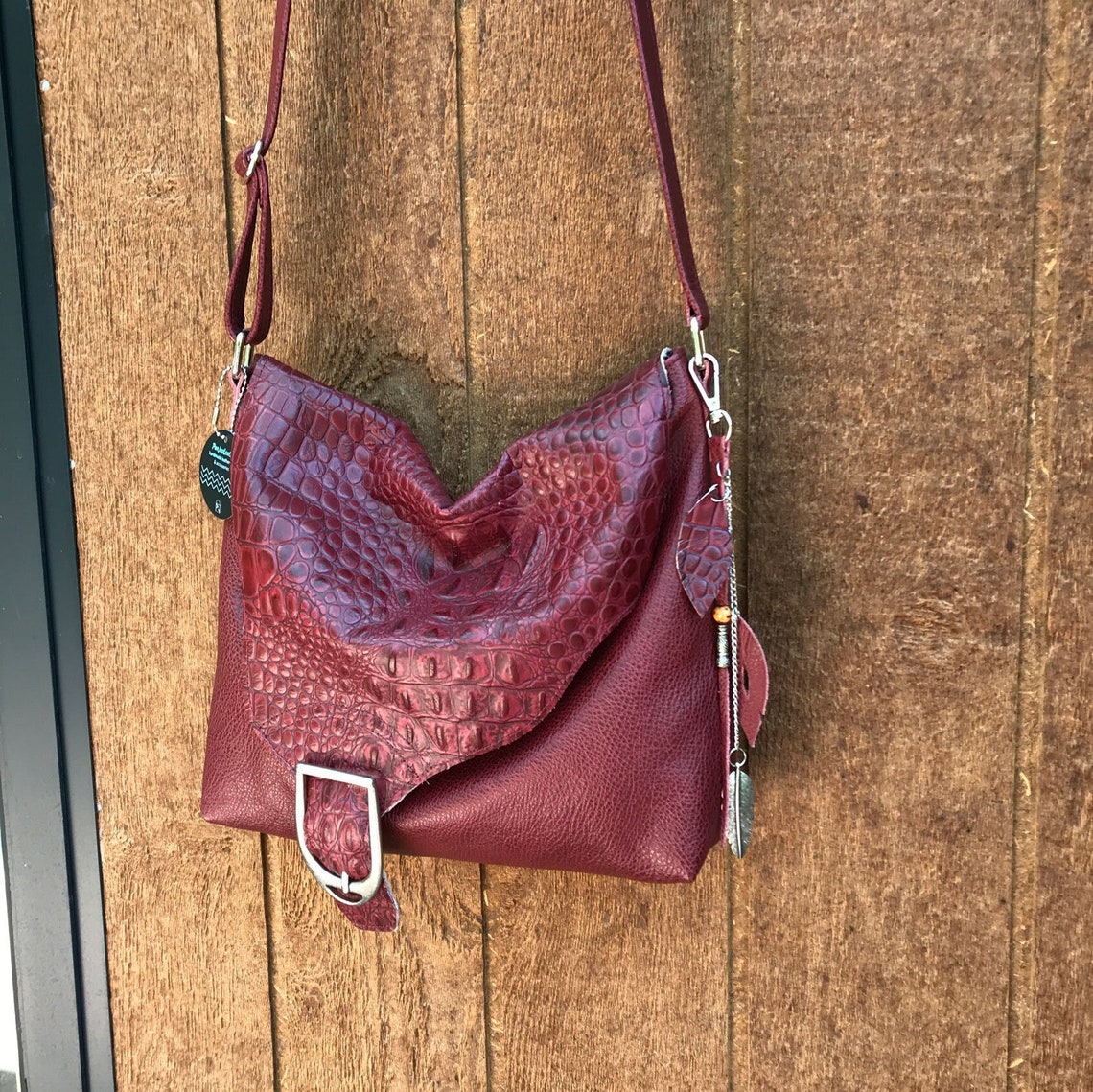 Red Croco Embossed Leather Bag With Asymmetric Flap and Buckle ...