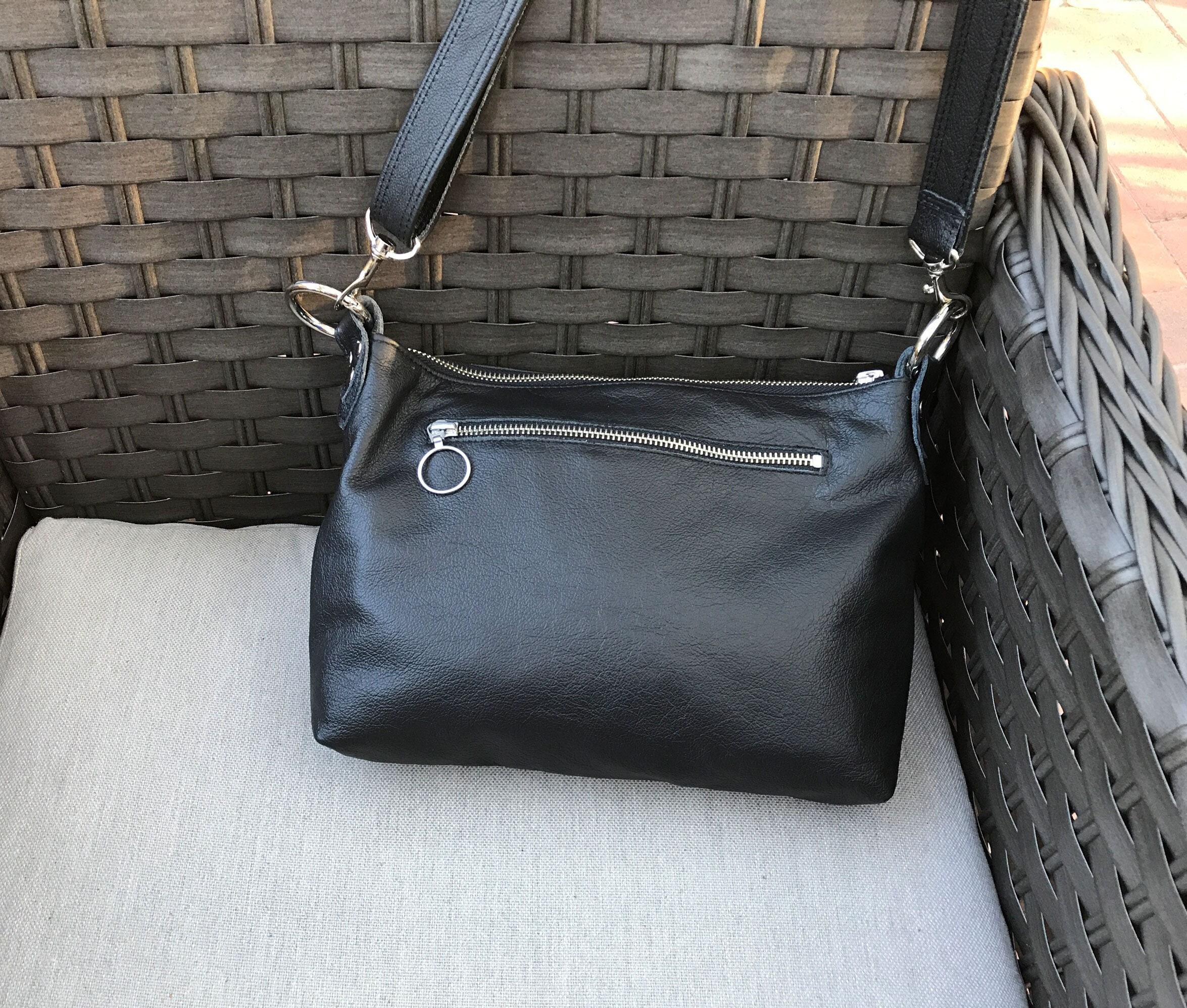 Handmade Small Black Leather Crossbody Bag With Depth, Zipper Pocket ...