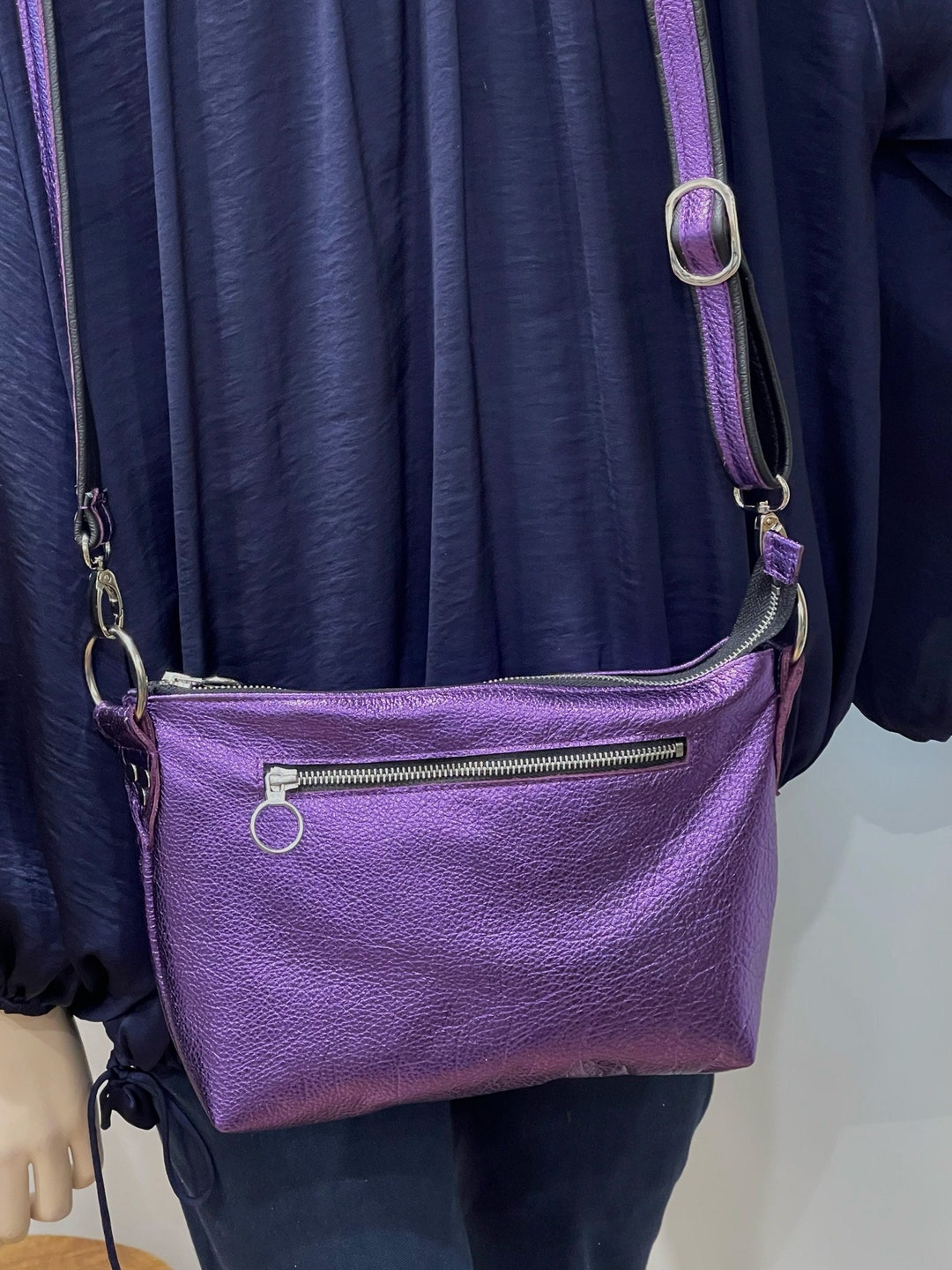 Smaller Metallic Purple Crossbody Bag, Lining Options, Zipper Pocket ...