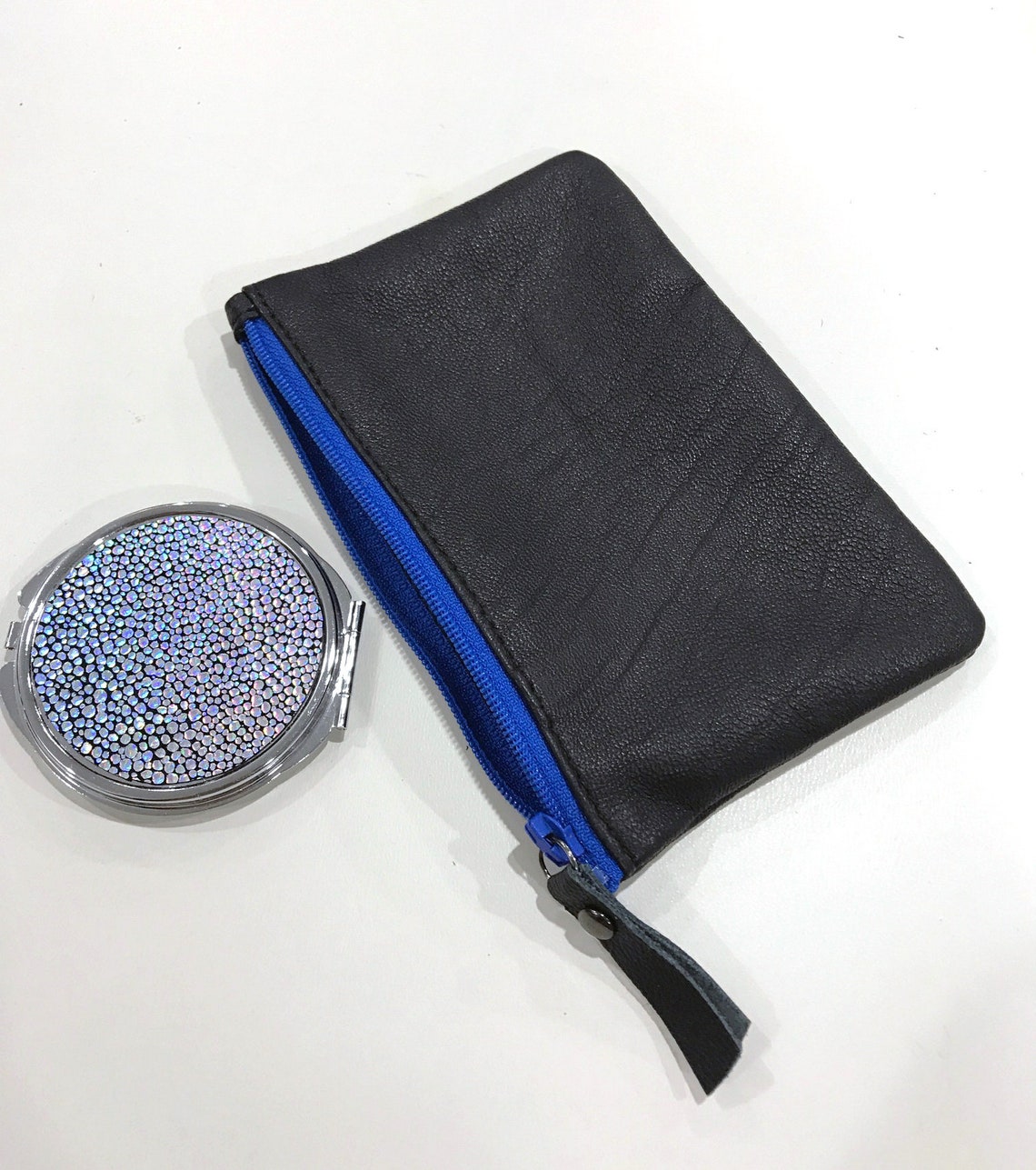 Vintage Black Leather Coin Pouch, Cobalt Zipper, Gift Idea, Leather ...