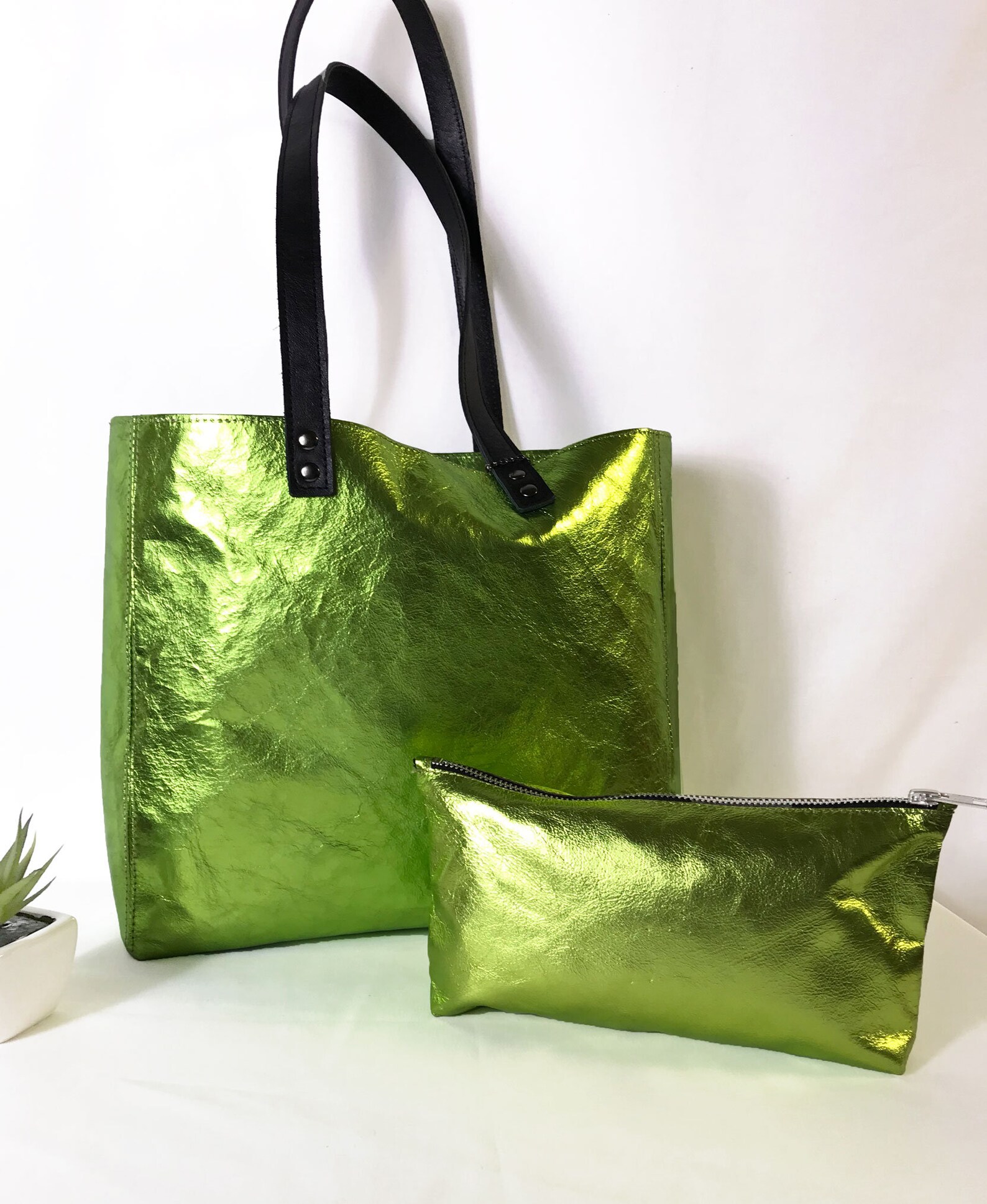 Lime Green Leather Tote Leather Zipper Pocket & Purse 2 - Etsy Australia