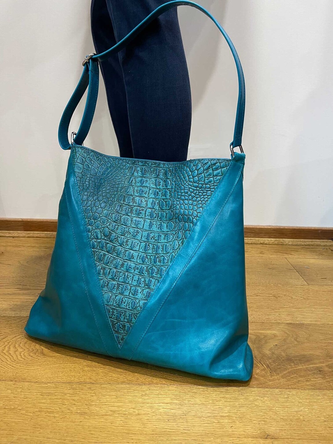 Ocean Blue Leather Hobo Bag Embossed Blue Leather Adjustable - Etsy