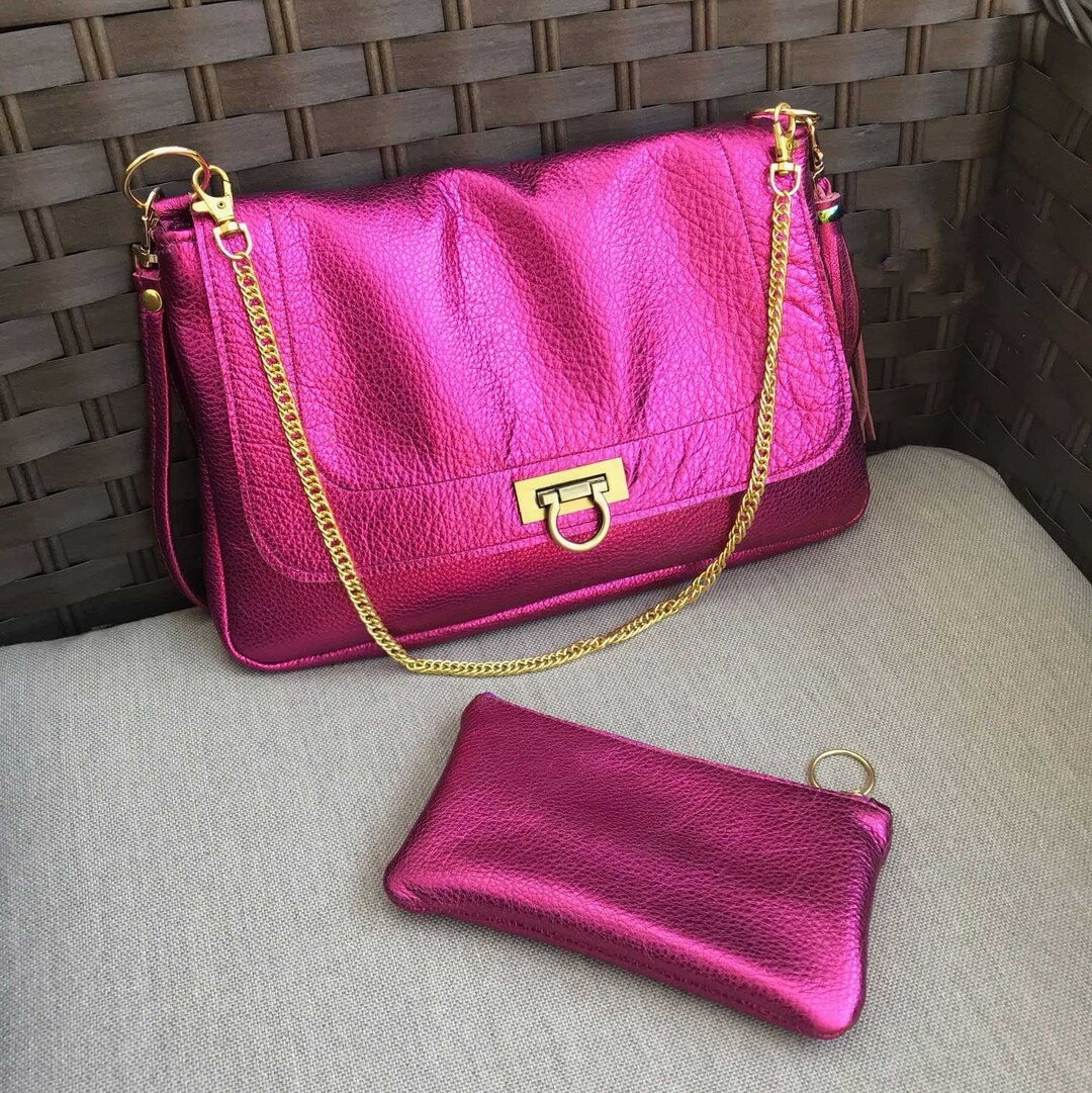 Hot Pink Metallic Leather Crossbody With Flap Close, Premium Leather ...