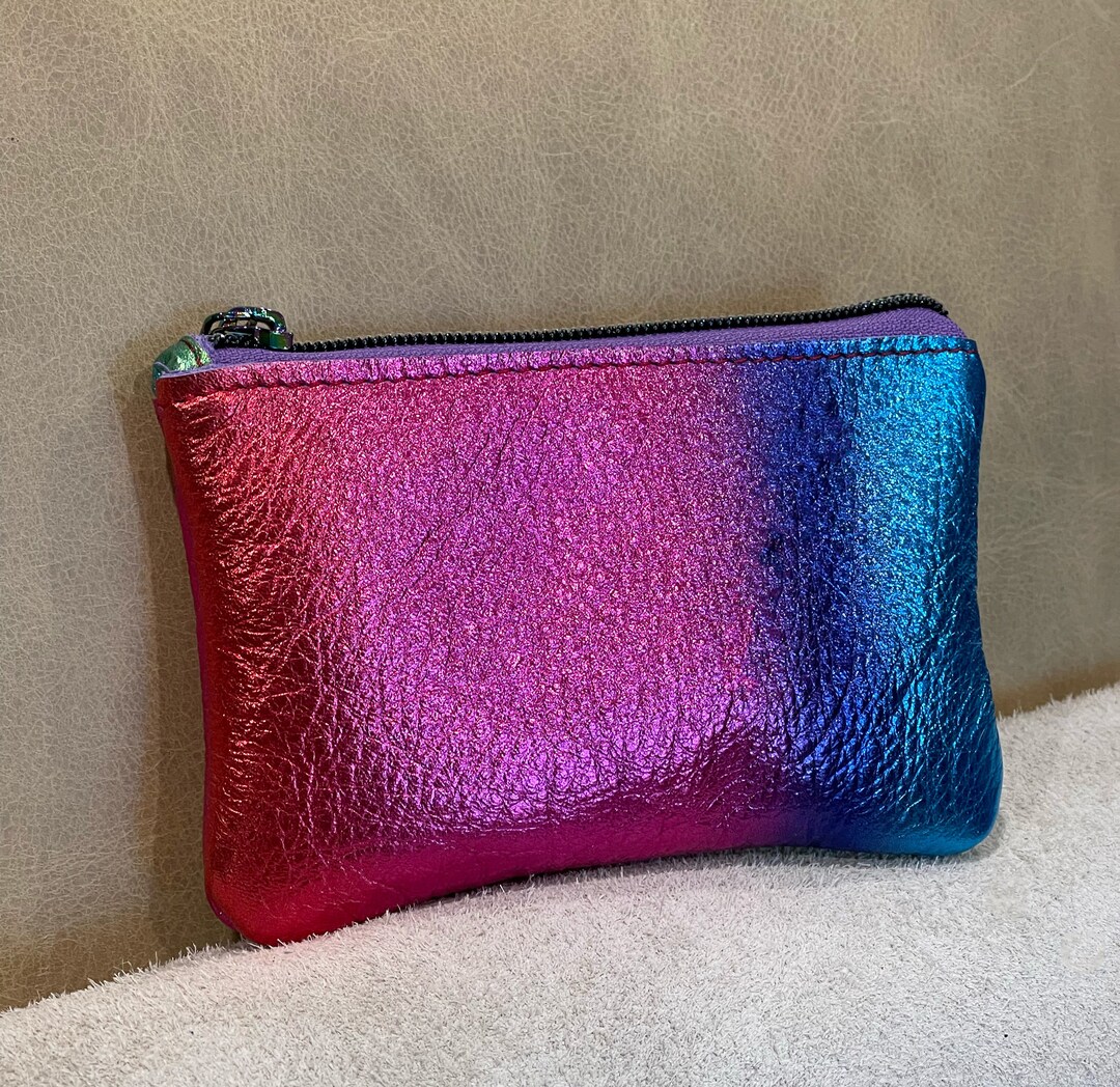 Rainbow Metallic Coin Purse, Leather Gift Idea, Leather Purse, Coin ...