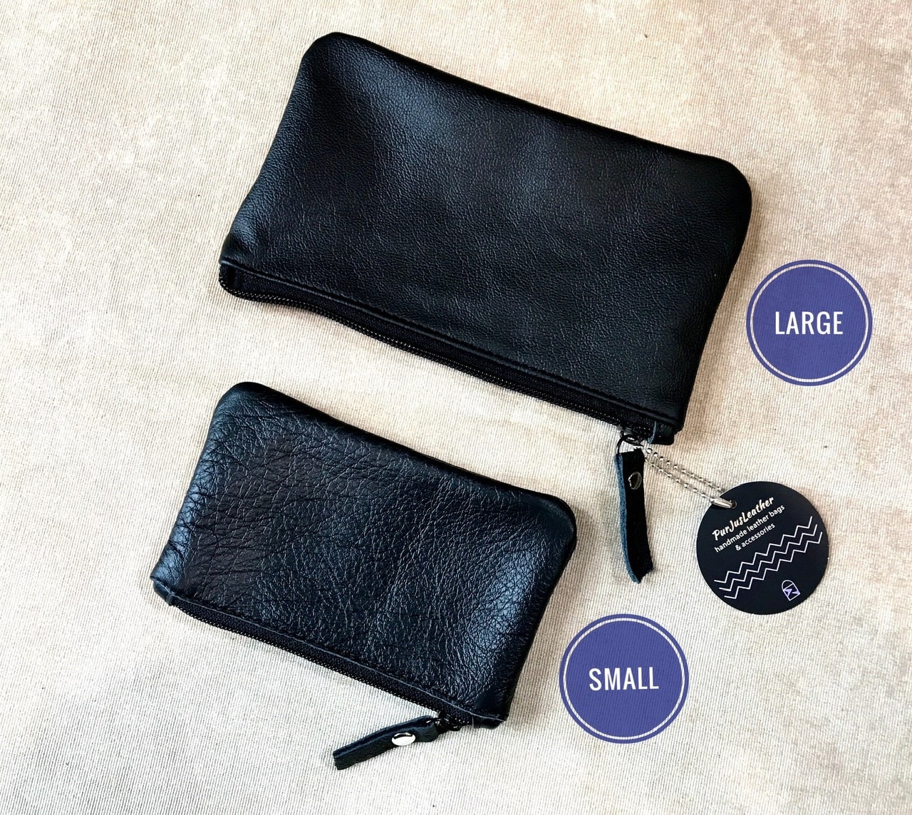 Vintage Black Leather Coin Pouch, Cobalt Zipper, Gift Idea, Leather ...