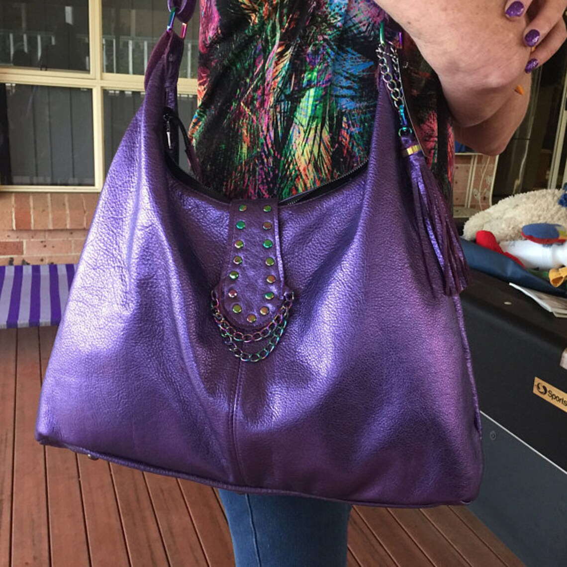 Rainbow Hardware Metallic Purple Italian Hobo 2 Sizes | Etsy